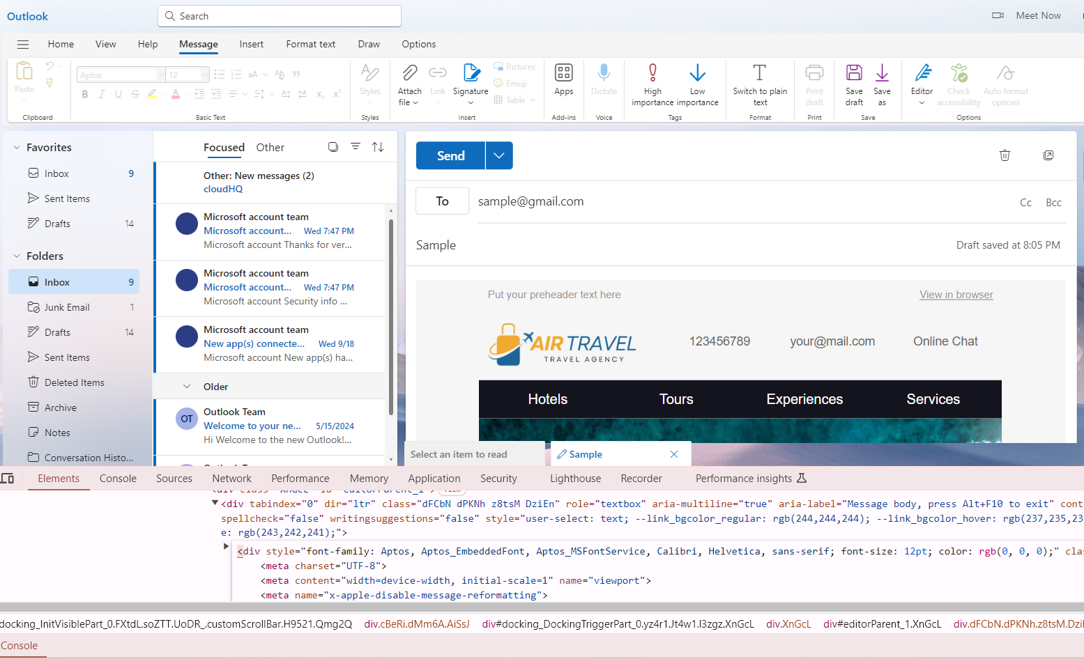 Send an html email from Outlook Live and Outlook 365